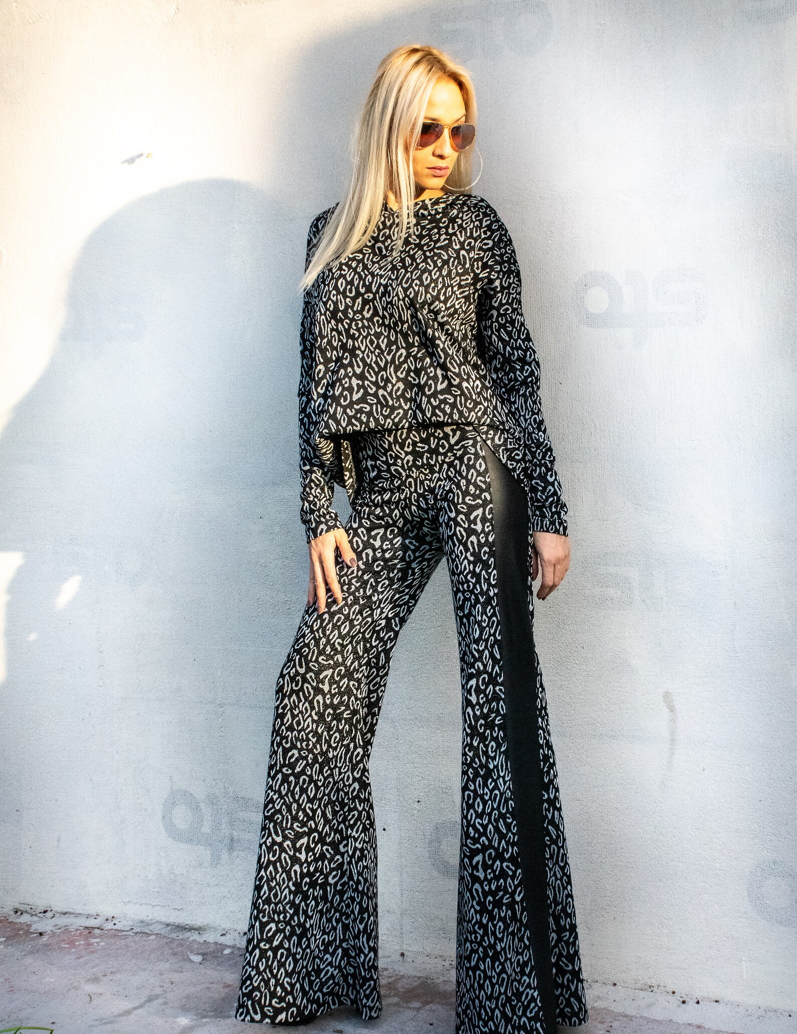 Leopard Knit Set: Wide Leg Pants, Asymmetrical Top #35293 - Etsy