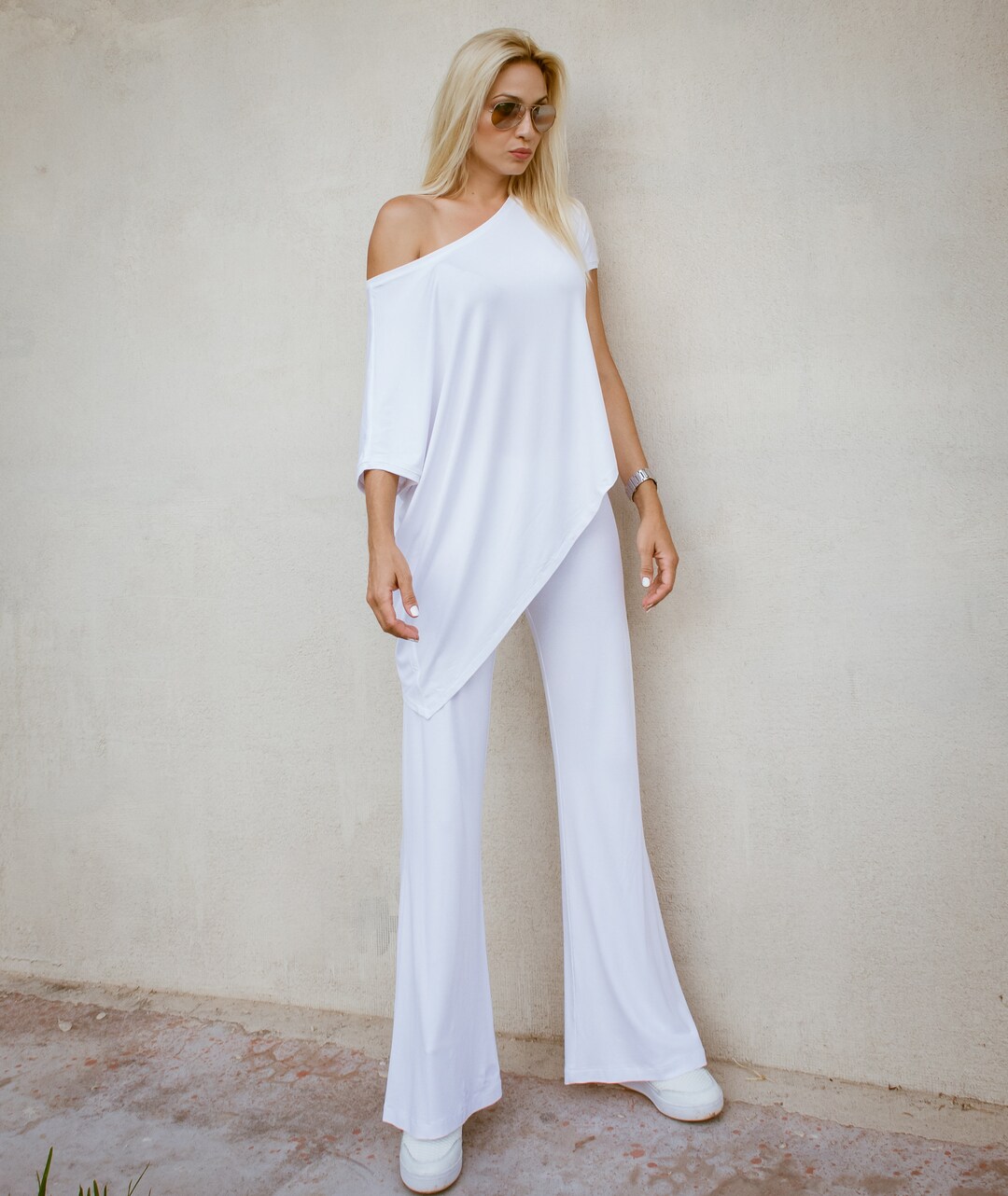 White Cotton Viscose Women's Everyday Outfit, Asymmetric Top, Wide Leg ...