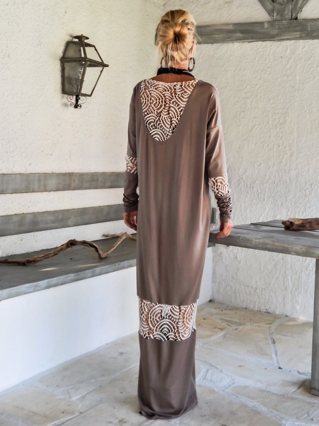 Open Back Cotton Viscose Maxi Dress With Lace Mesh – Plus Size Kaftan ...
