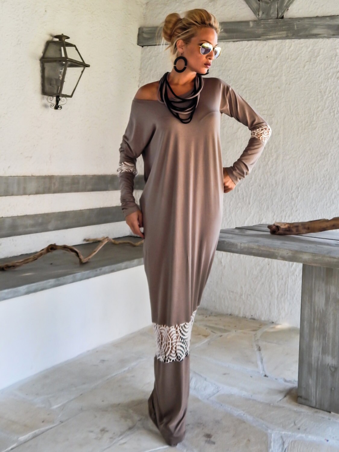 Open Back Cotton Viscose Maxi Dress With Lace Mesh – Plus Size Kaftan ...