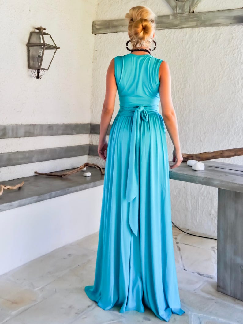 Turquoise Viscose Maxi Dress With Belt, Handmade Plus Size Evening Gown ...