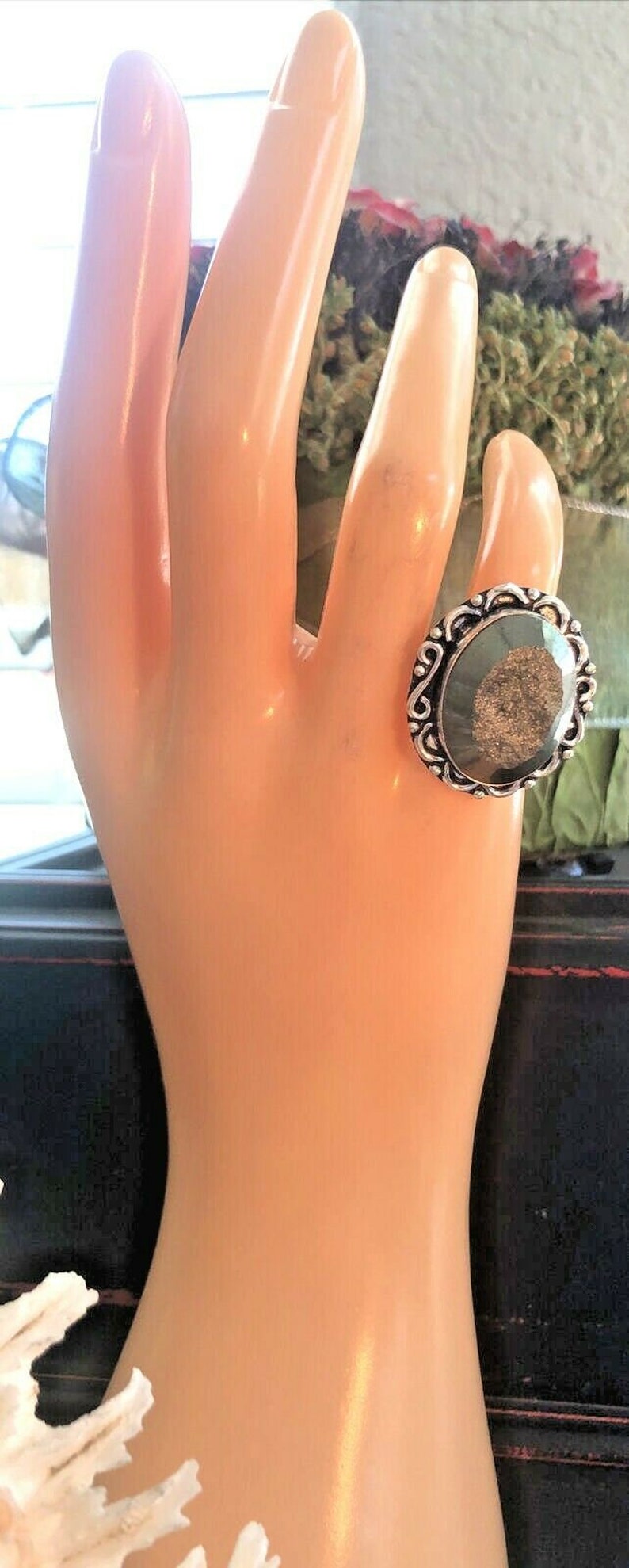 Large 1 1/8" Natural Pyrite Ring Filigree Oval .925 Sterling Silver ...
