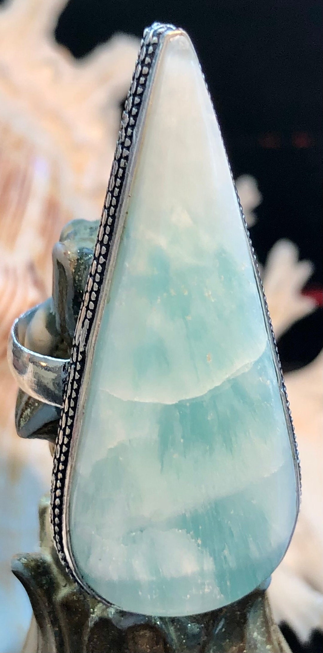 HUGE 1 3/4 Hemimorphite Crystal Ring Teardrop .925 Sterling Silver Size ...