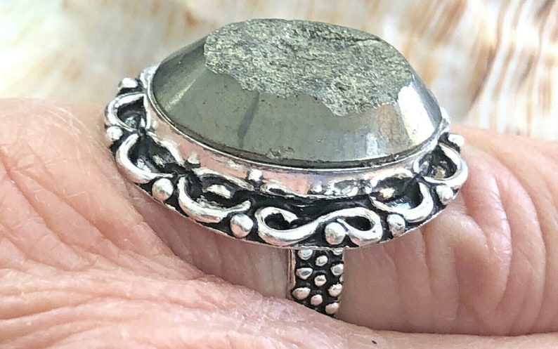 Large 1 1/8" Natural Pyrite Ring Filigree Oval .925 Sterling Silver ...