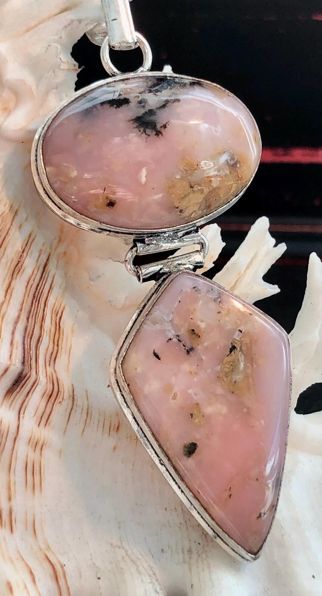 LARGE 2 7/8" Pink Peruvian Opal Pendant Two Stone Teardrop .925 ...