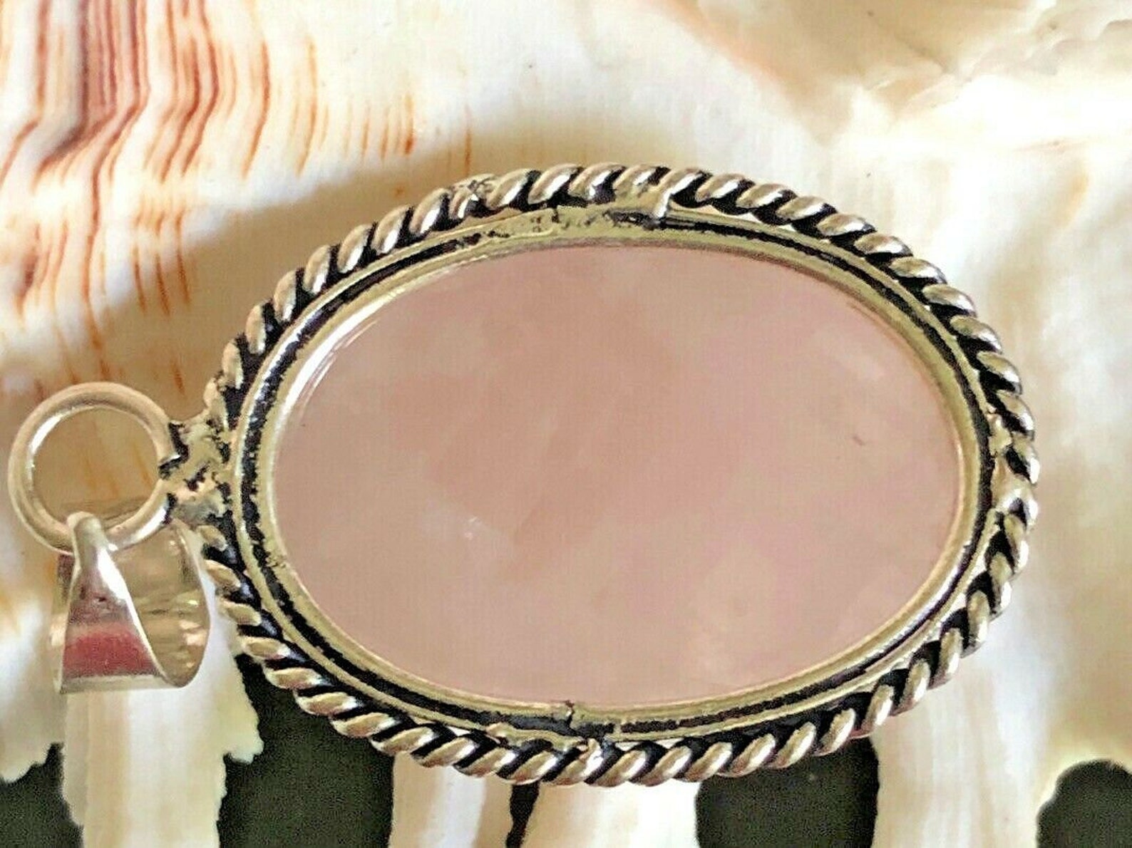 Natural Rose Quartz Gemstone Pendant Oval Rope Edge .925 Sterling ...