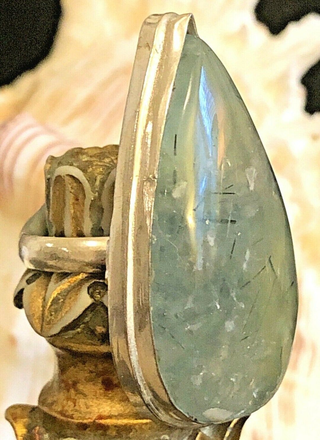 LARGE 1 1/2 Prehnite With Epidote Statement Ring Teardrop .925 Sterling ...