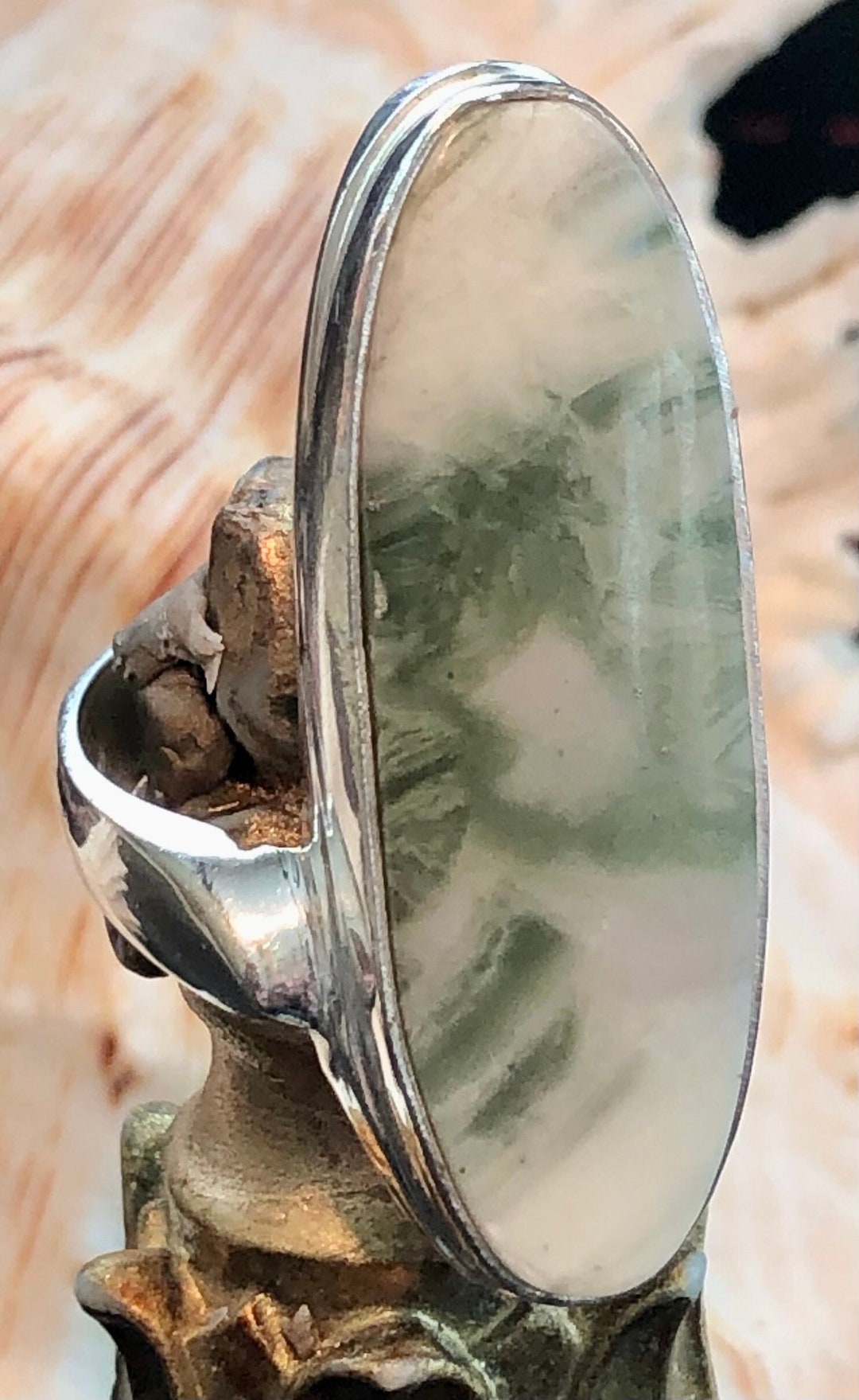 Large 1 5/8" Green Larsonite Gemstone Ring Unisex Oval .925 Sterling ...