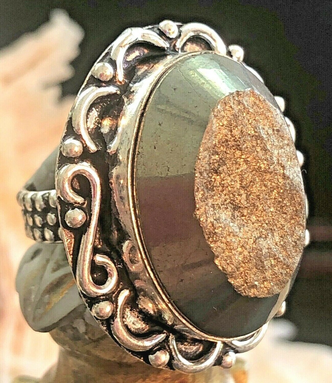 Large 1 1/8" Natural Pyrite Ring Filigree Oval .925 Sterling Silver ...