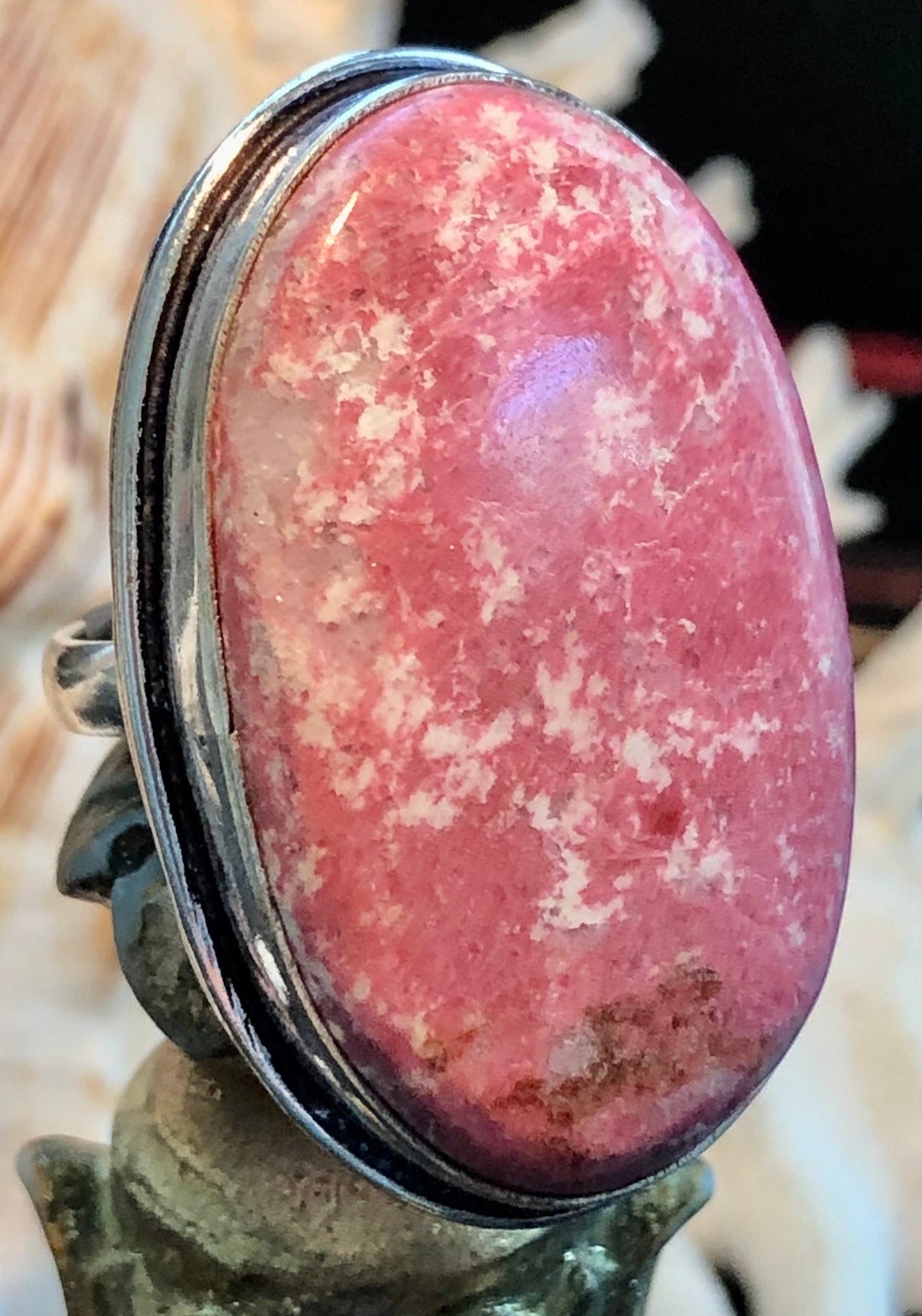 LARGE 1 3/8 Natural Pink Thulite Ring Oval .925 Sterling Silver Size 7 ...