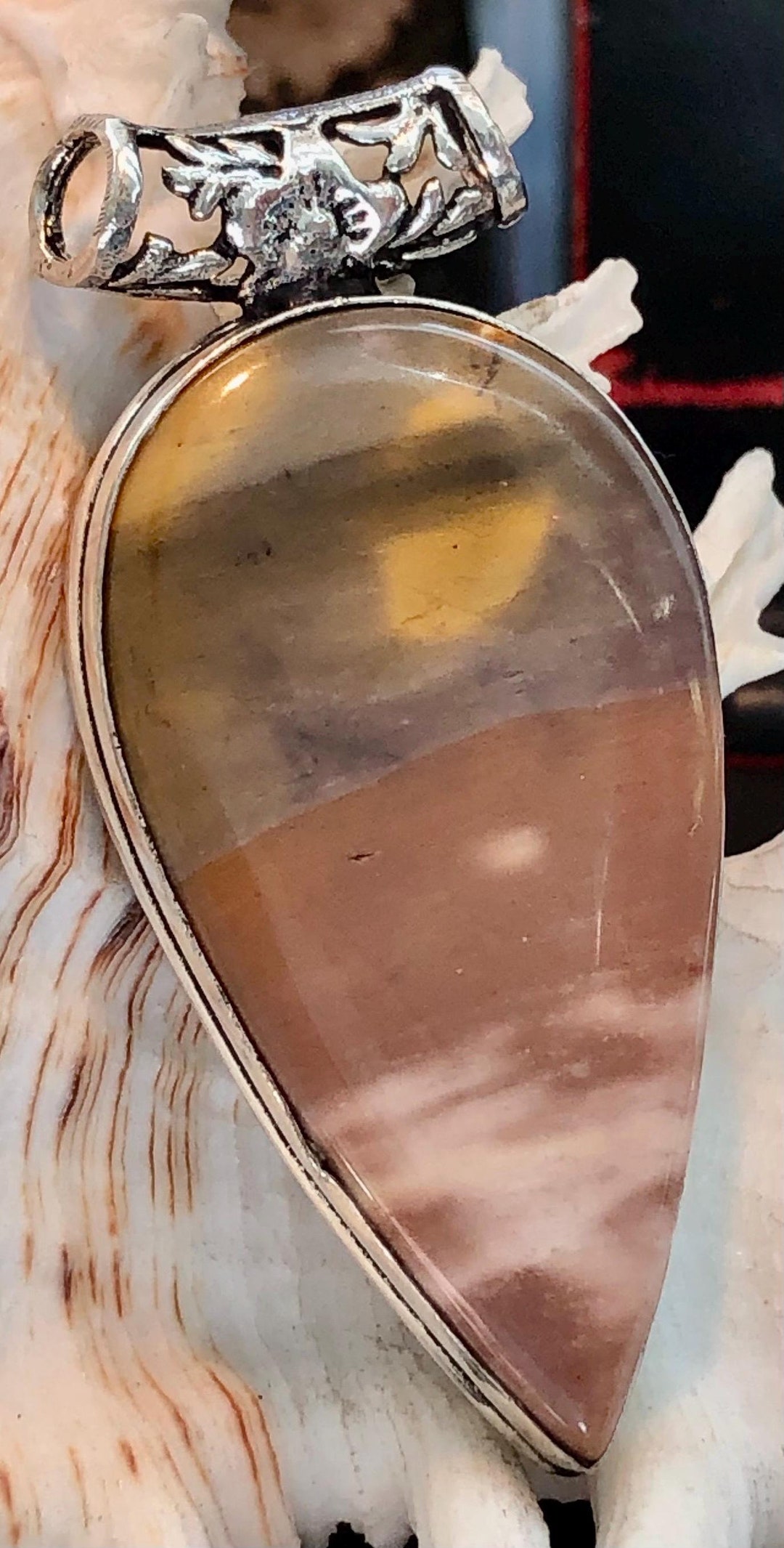 LARGE 2 3/8" Natural Mookaite Jasper Pendant Slide Brown Gold Teardrop ...