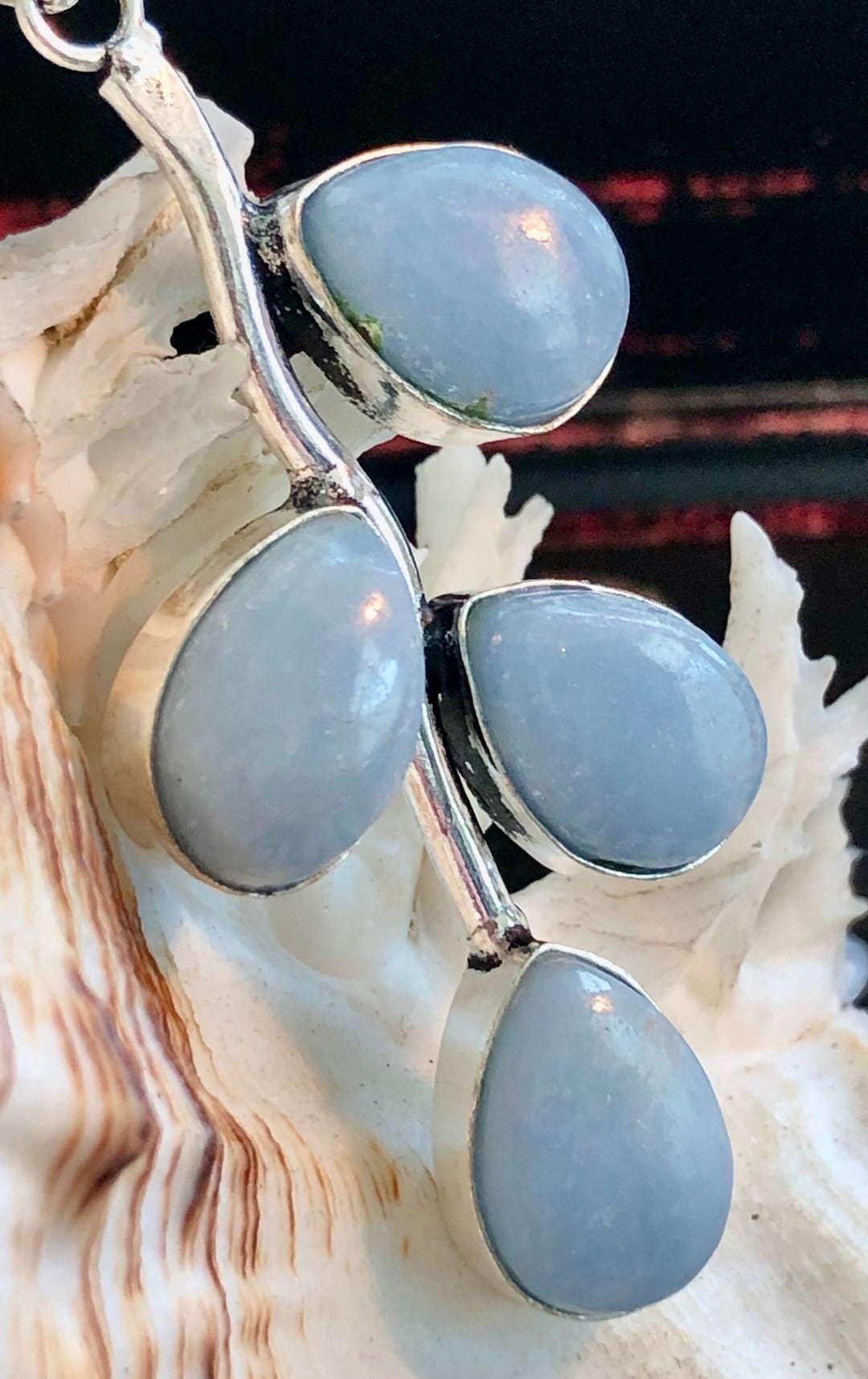 Large 2 1/2" Natural Blue Angelite Gemstone Pendant Petals Leaves .925 ...