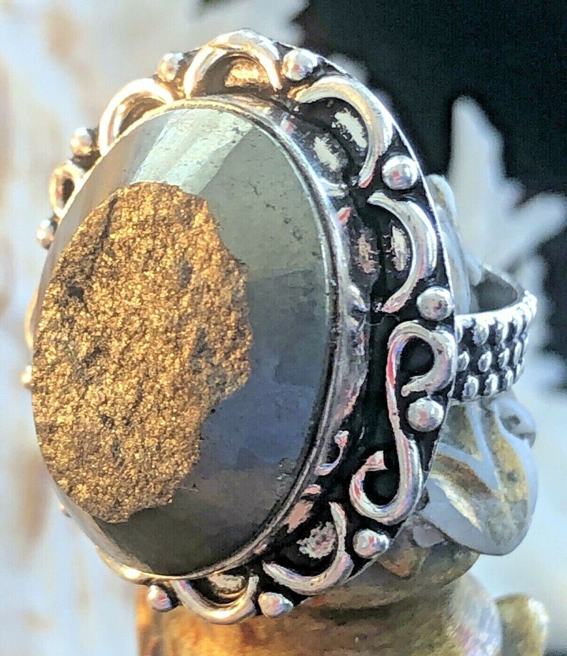 Large 1 1/8" Natural Pyrite Ring Filigree Oval .925 Sterling Silver ...