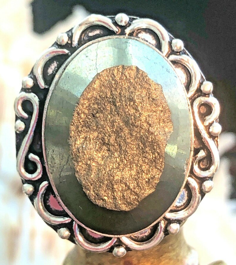 Large 1 1/8" Natural Pyrite Ring Filigree Oval .925 Sterling Silver ...