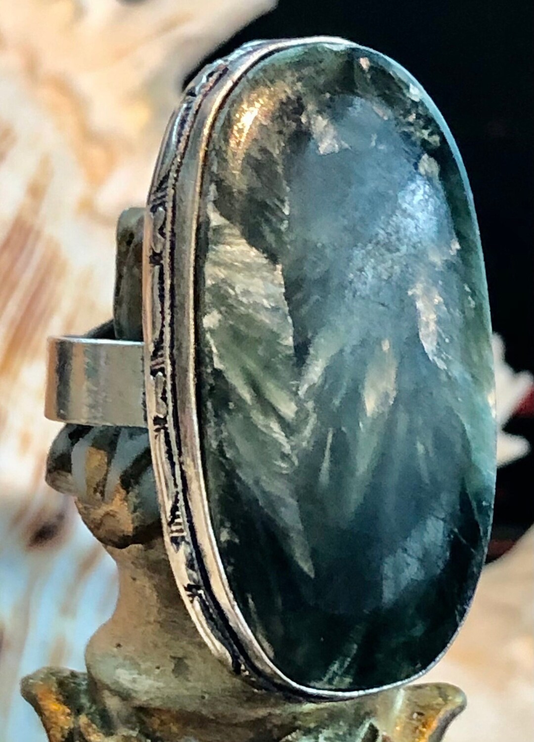 LARGE 1 1/4" Dark Green Seraphinite Statement Ring Oval .925 Sterling ...