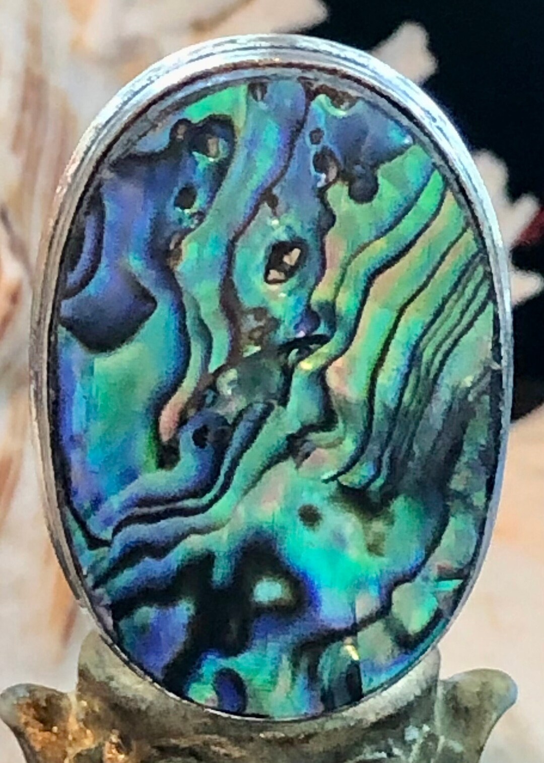 Large 1 1/4" Australian Abalone Shell Ring Oval .925 Sterling Silver ...