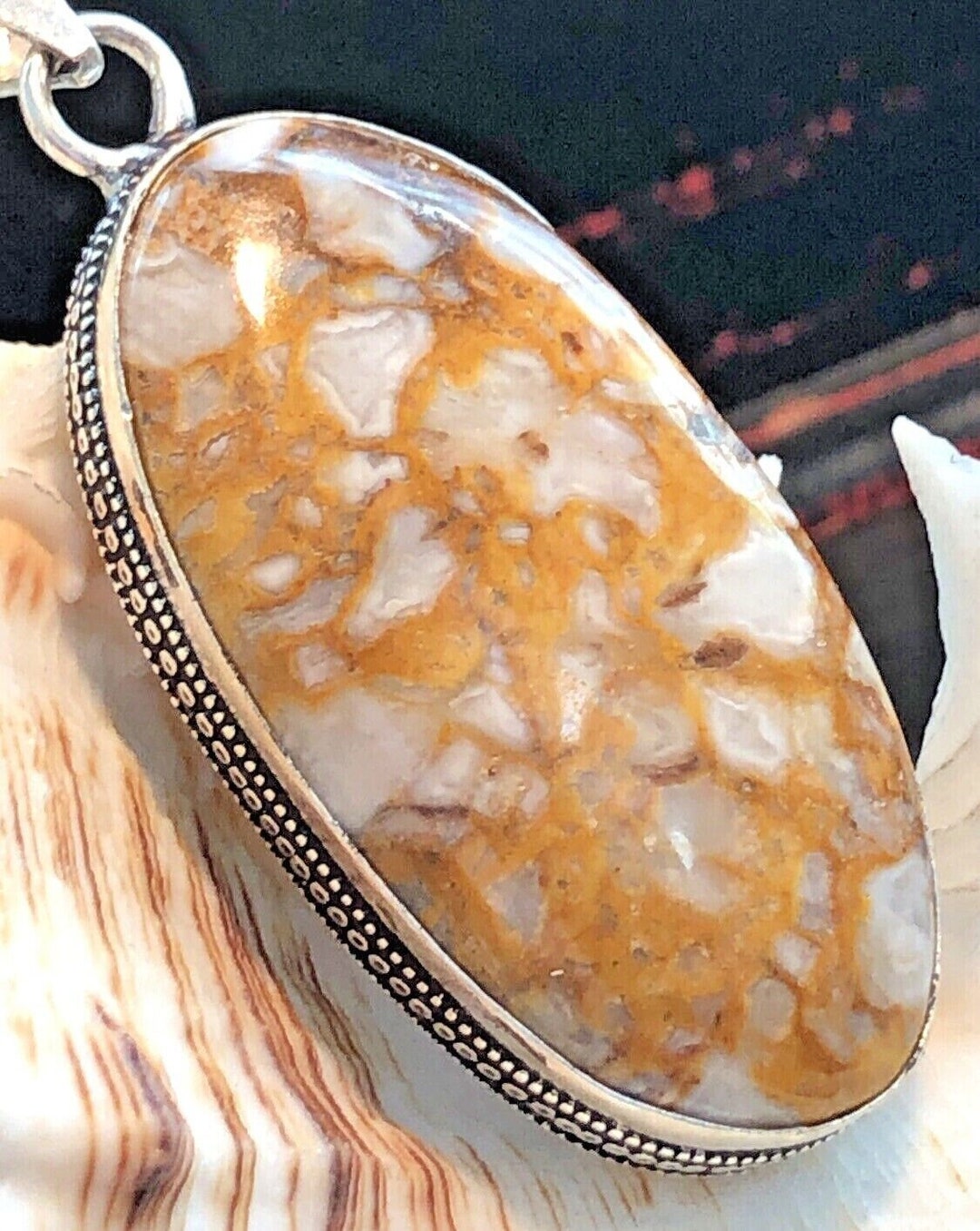 LARGE 2 5/8" Natural Fossilized Palm Root Pendant Oval .925 Sterling ...