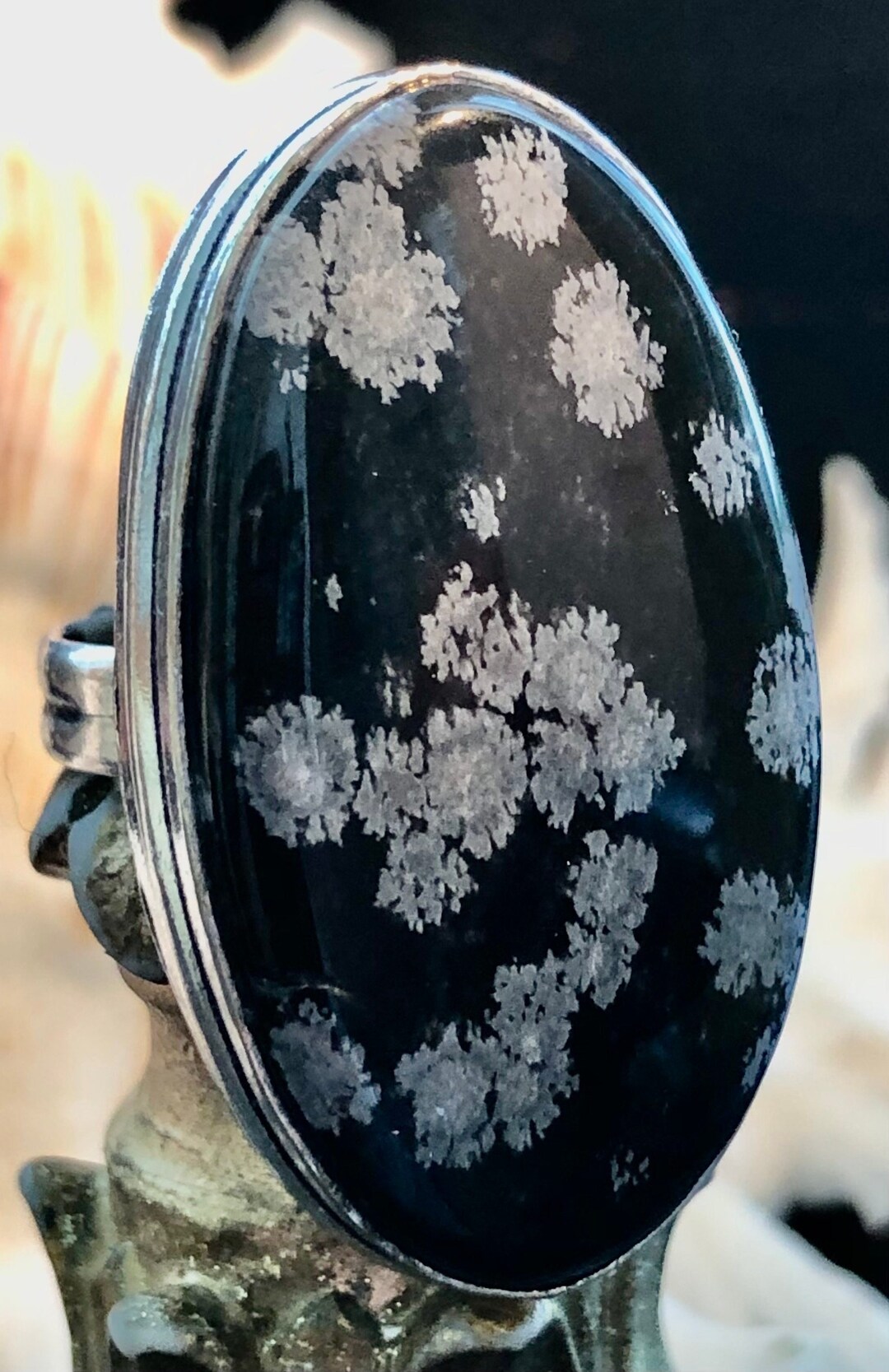 LARGE 1 1/2" Snowflake Obsidian Ring Oval .925 Sterling Silver Size 7 ...