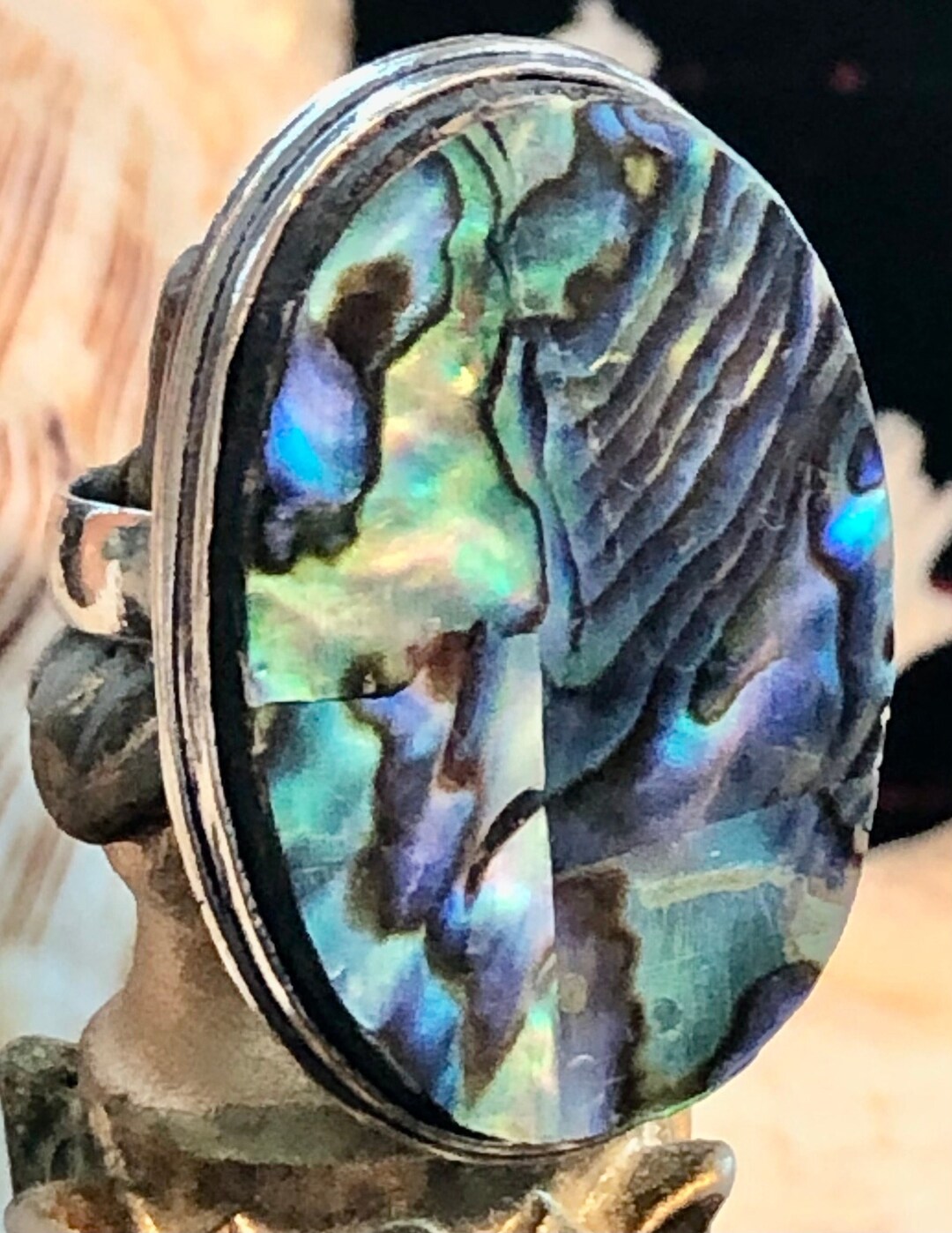 Large 1 1/4" Australian Abalone Shell Ring Oval .925 Sterling Silver ...