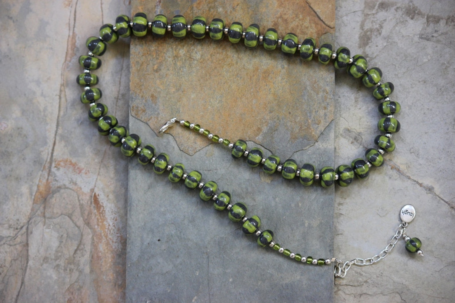 Grey and Chartreuse Beaded Porcelain Necklace, Handmade Porcelain ...