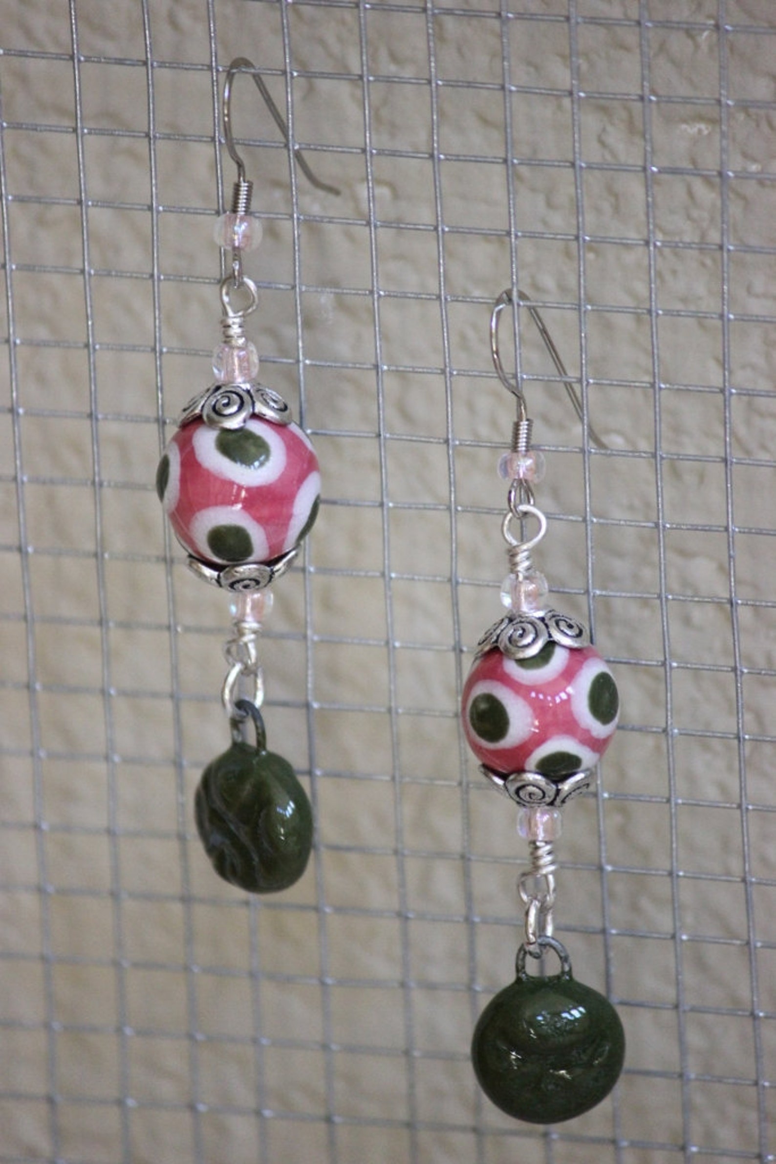 Pink and Green Spotted Porcelain Dangle Beaded Earrings With Bead Caps ...