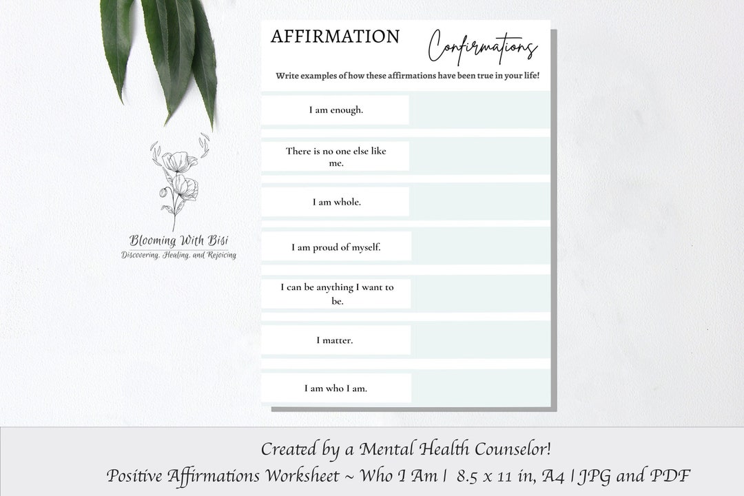 Who I Am Positive Affirmation Worksheet Self-esteem - Etsy