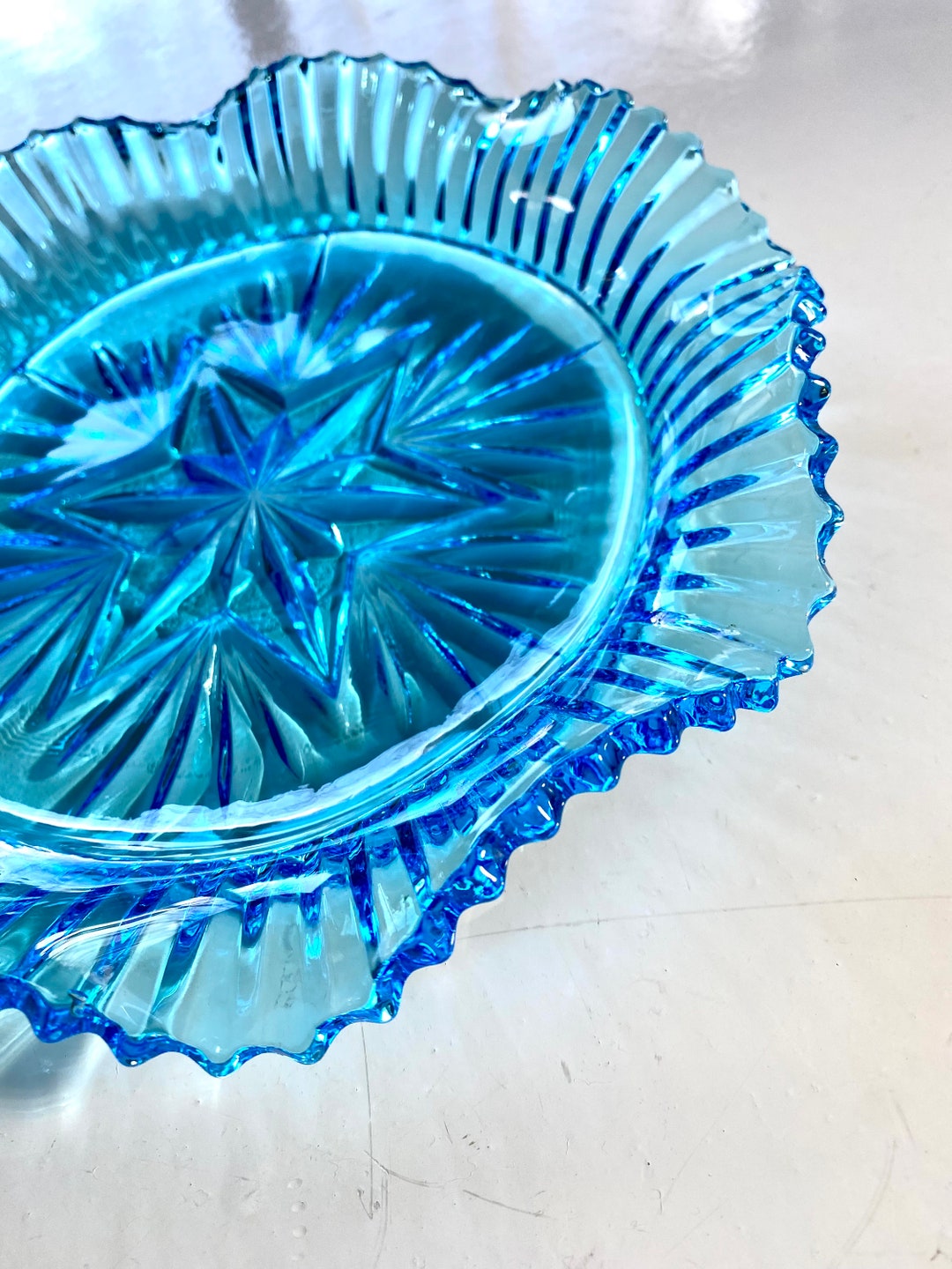 Turquoise Pressed Glass Plate With Fluted Edges - Etsy