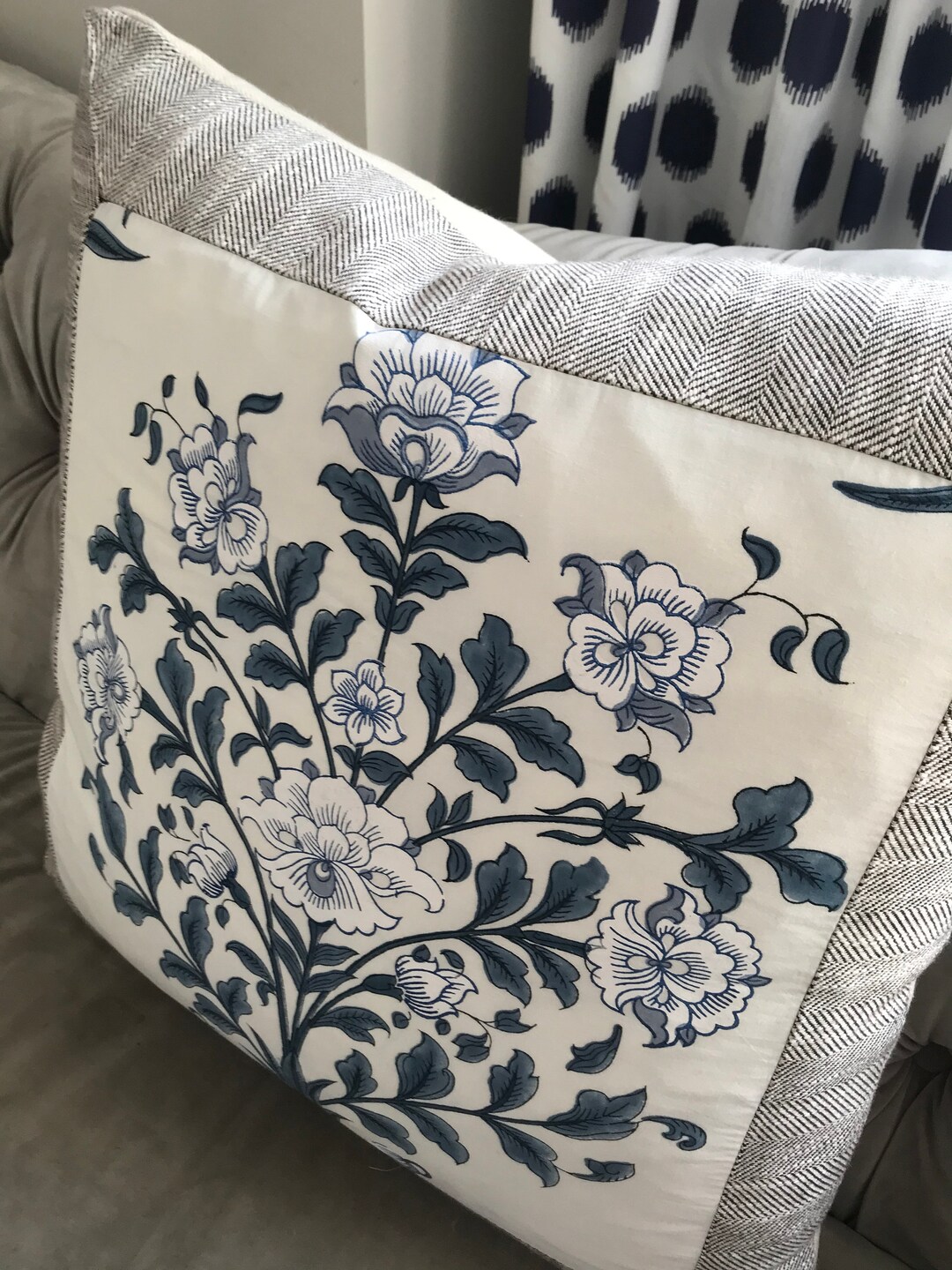 Blue and White Cushion With a Pretty Botanical Block Print Design. - Etsy