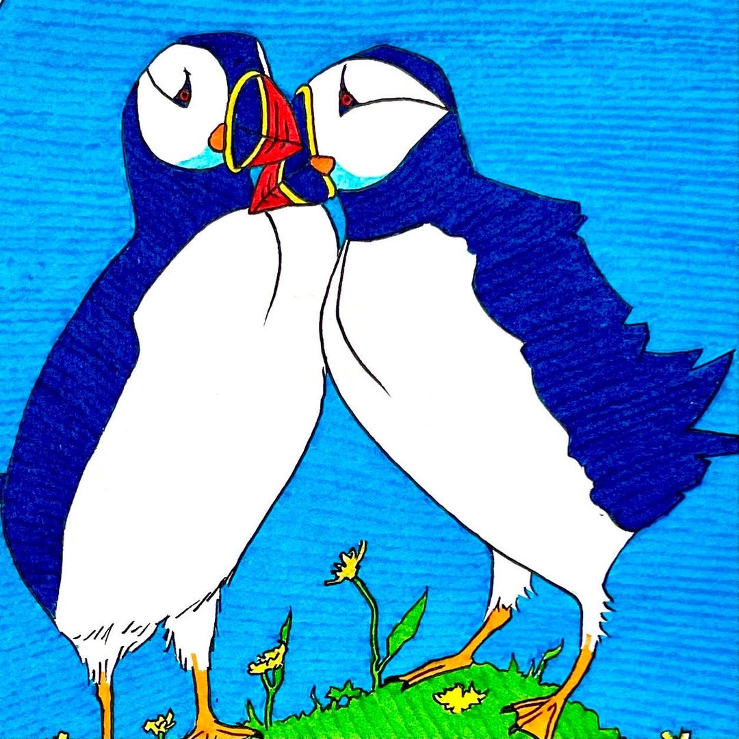 Puffin Couple (2025) | Original Pen & Ink on Paper Drawing by Robert ...