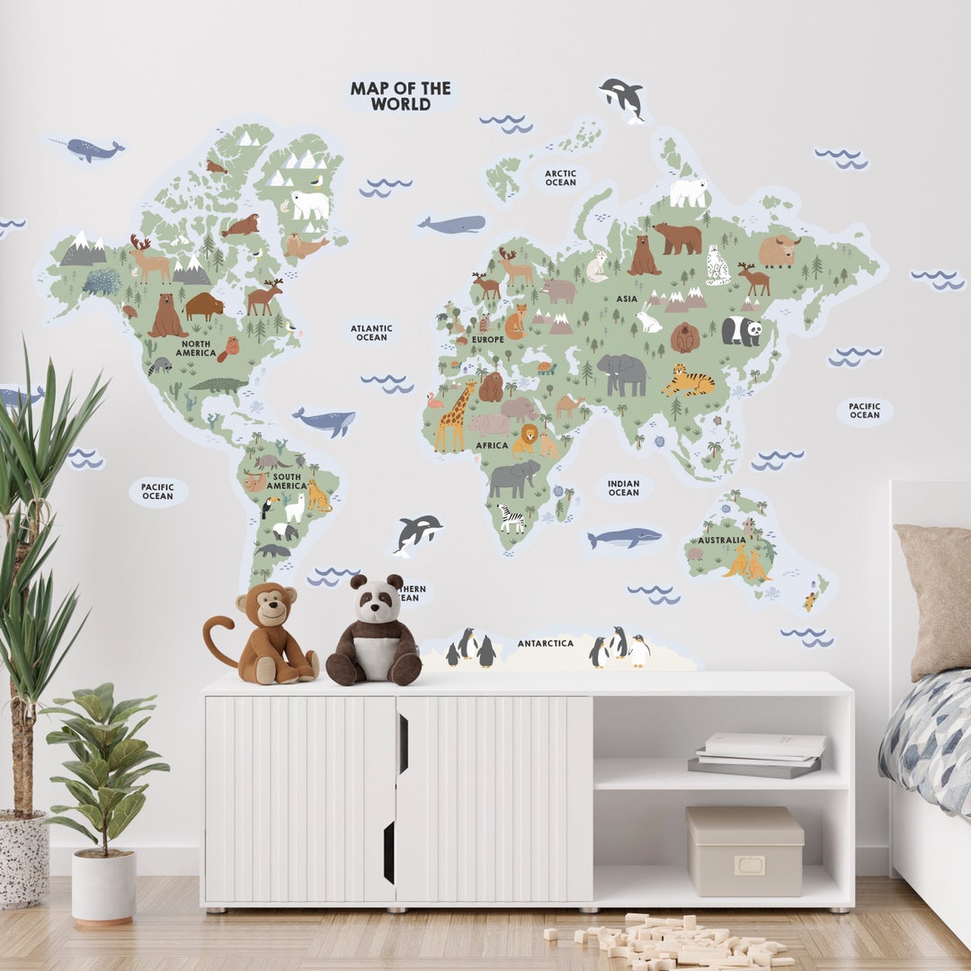 Large Fabric World Map Wall Sticker - Animal World Map - Nursery Decal ...