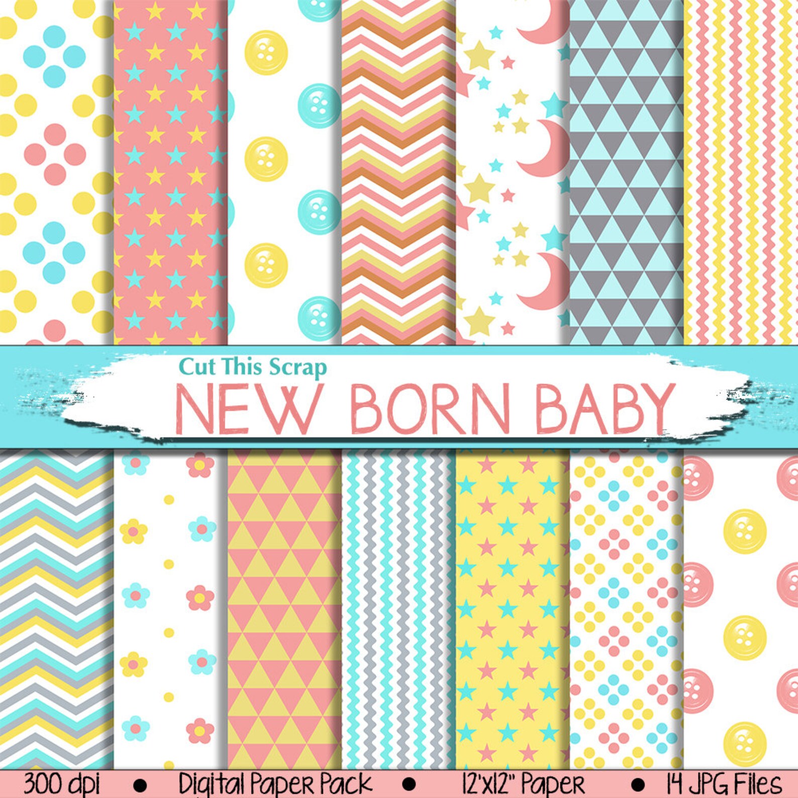 Baby Shower Digital Paper: Cute Baby Paper With Stars, Buttons, Dots ...
