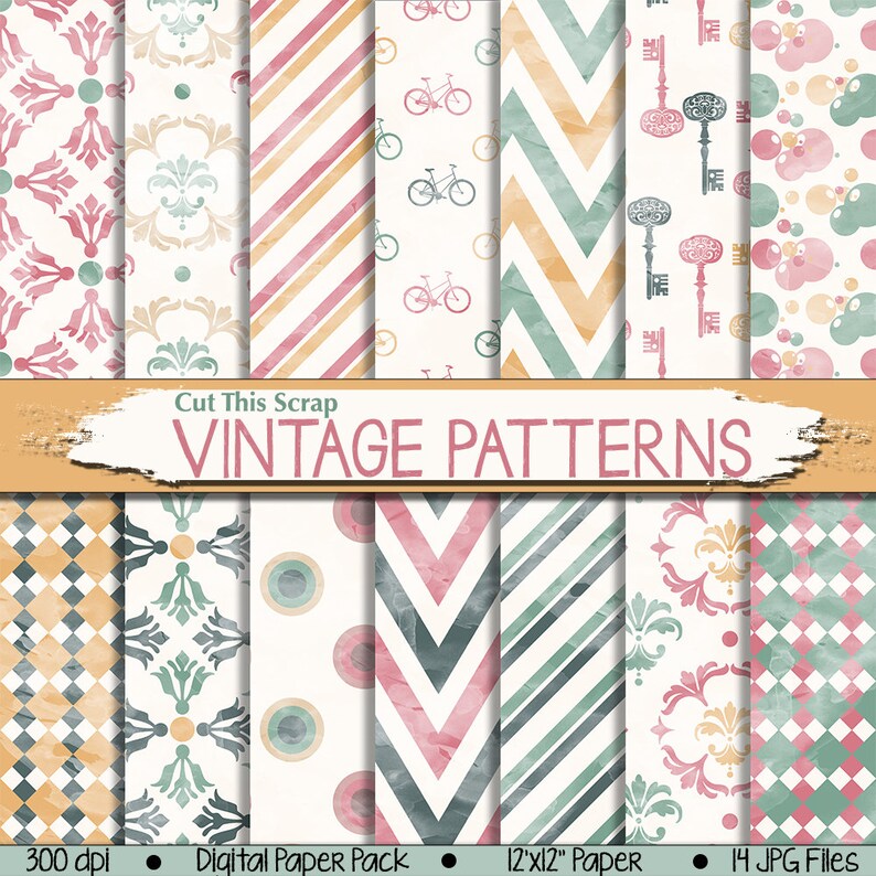 Vintage Digital Paper: Vintage Patterns With Old Keys, Damask, Chevrons ...