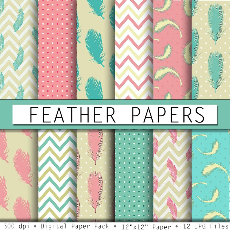 Feather Digital Paper: Tribal Paper, Pink and Blue Feather Patterns ...