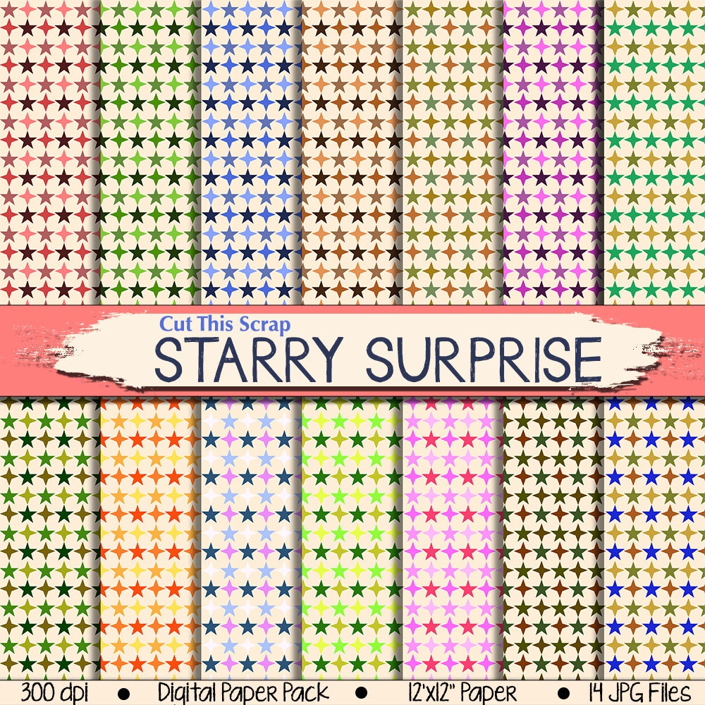 Stars Digital Paper: STARRY SURPRISE Paper Pack With Multicolor Stars ...