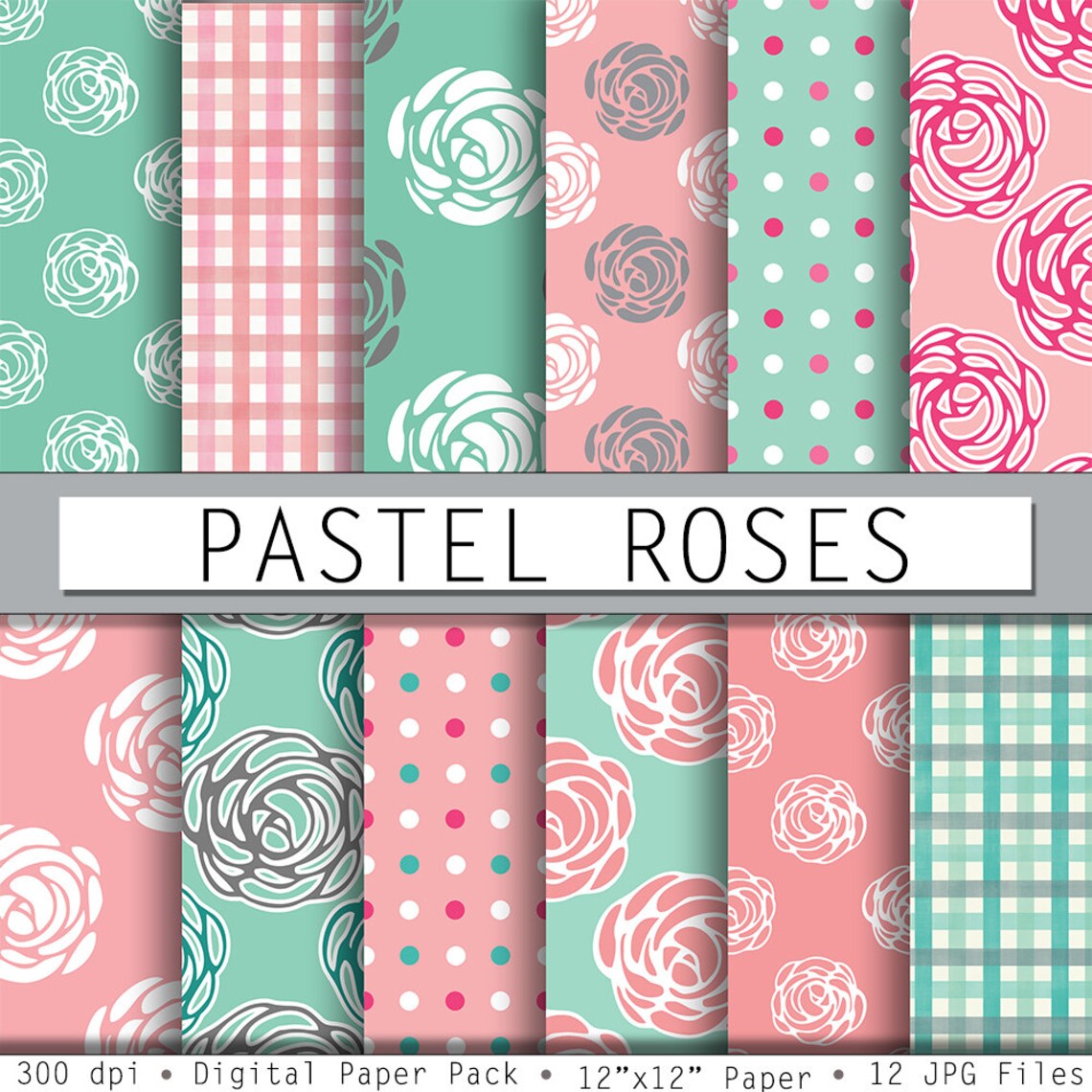 Pastel Rose Digital Paper: Pink Roses, Green Roses, Rose Paper ...
