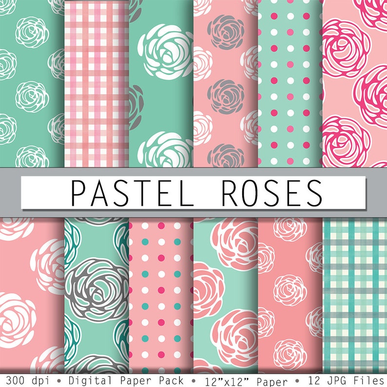 Pastel Rose Digital Paper: Pink Roses, Green Roses, Rose Paper ...