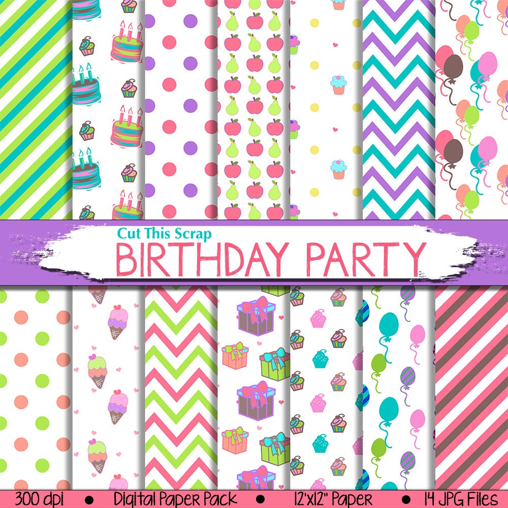 Birthday Digital Paper: Birthday Party Paper With Cakes Cupcakes ...