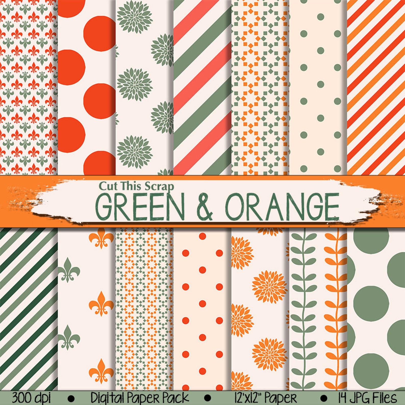Green & Orange Digital Paper Orange Green Paper With Polka Dots Flower ...