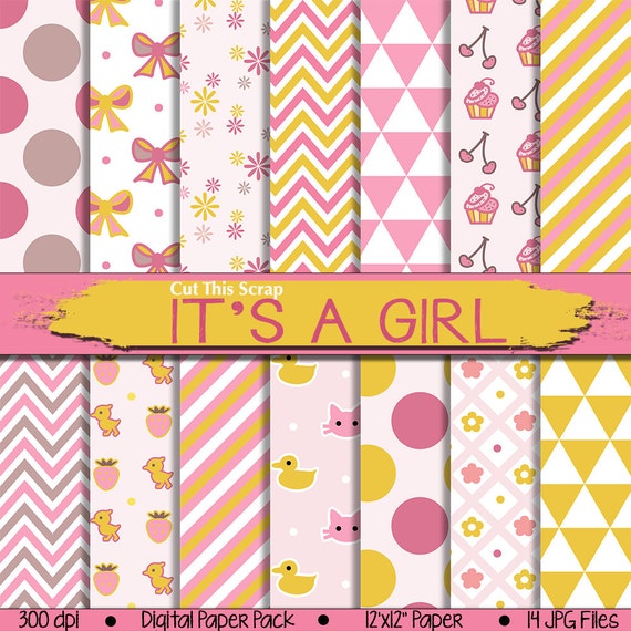 It's a Girl Digital Paper: Baby Girl in pink yellow | Etsy