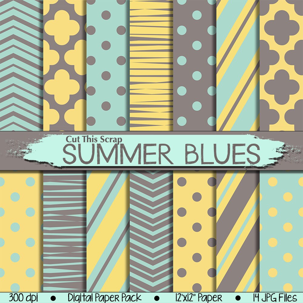 Yellow Blue Digital Paper: Summer Blues Paper With Quatrefoil Polkadots ...