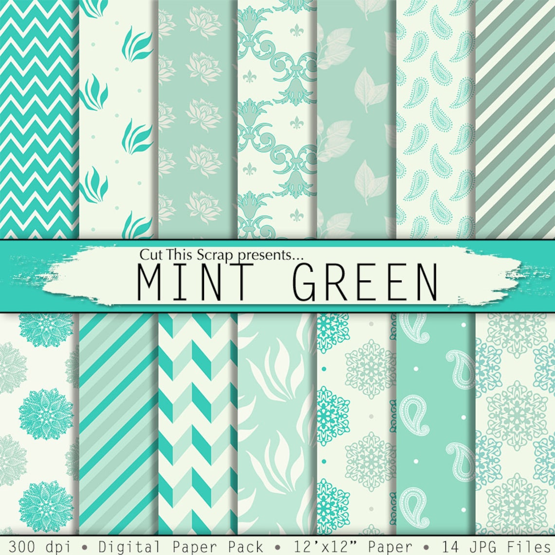 Mint Green Digital Paper: Mint Green Paper Pack With Damask, Paisleys ...