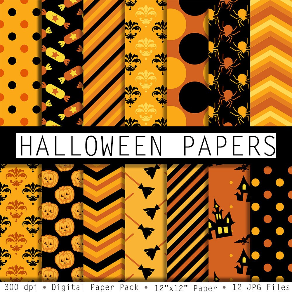 Halloween Digital Paper: Pumpkin, Spiders, Haunted House, Broom, Trick ...
