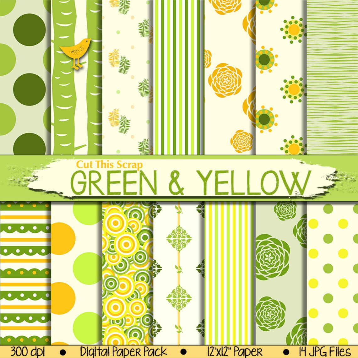 Green & Yellow Digital Paper: Green Lime Yellow Dark Green Light Green ...