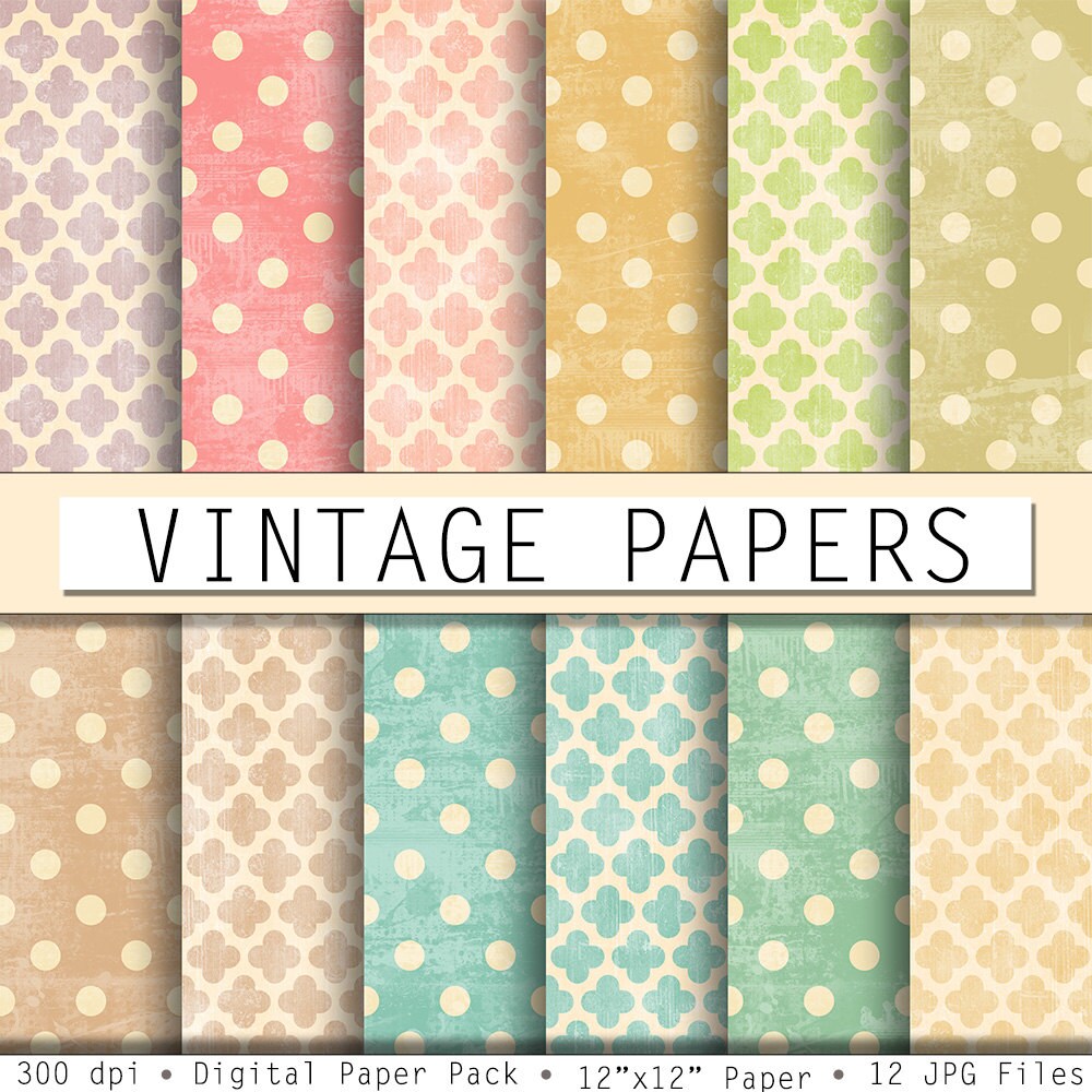 Vintage Digital Paper: Vintage Patterns With Grunge Effect, Polka Dots ...