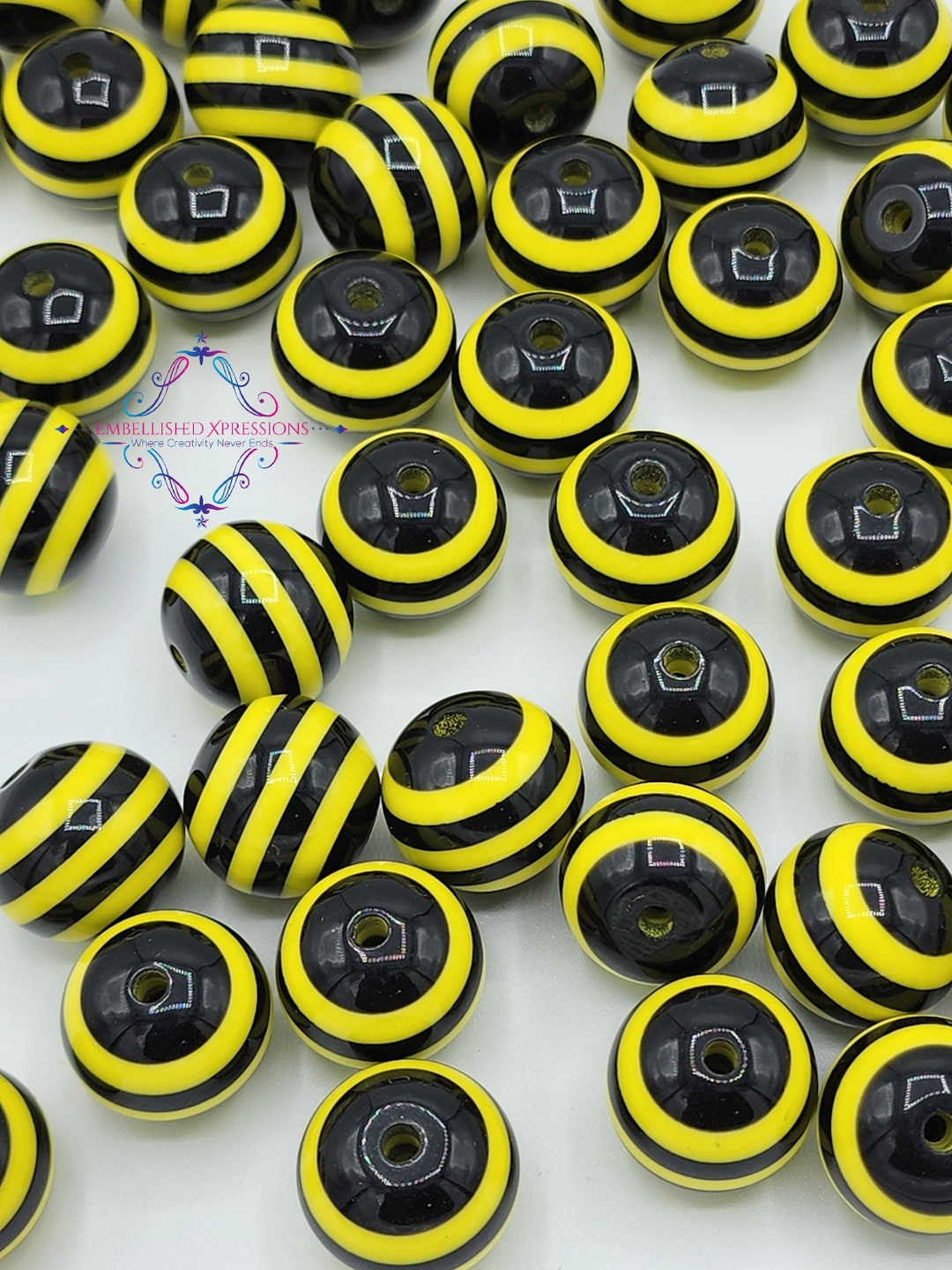 Yellow and Black Striped Chunky Bubblegum Beads Bumblebee Acrylic Beads ...