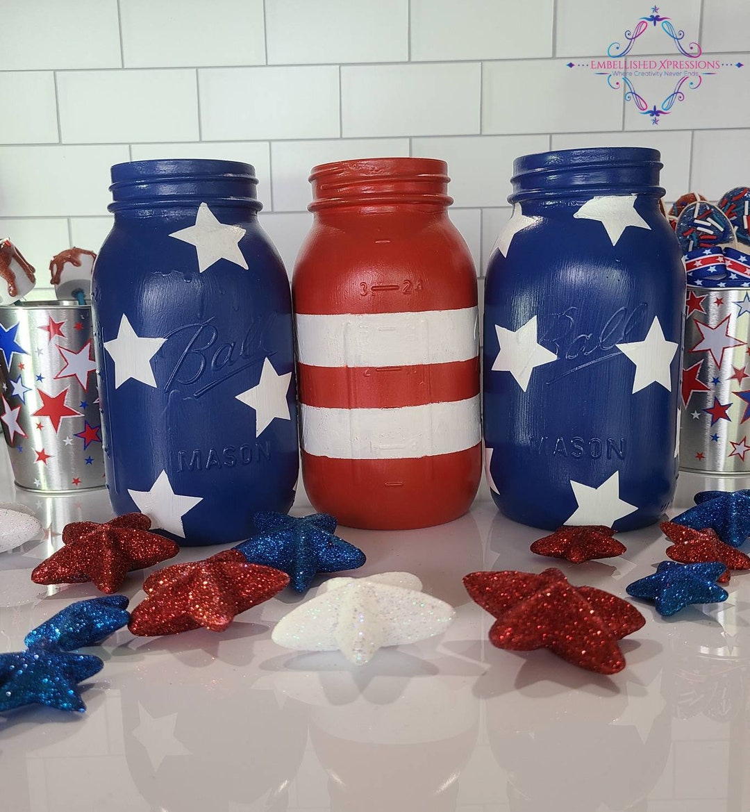 4th of July Mason Jars, American Flag Mason Jars, 4th of July Decor ...