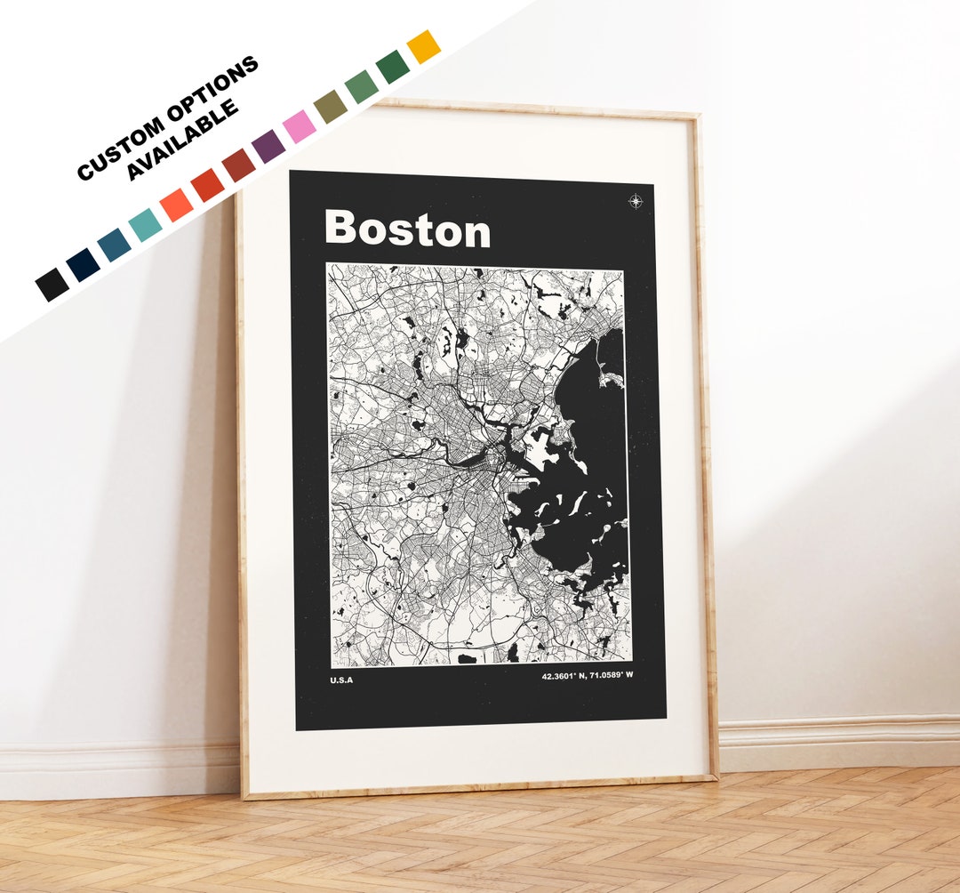 Boston Map Print - Custom Options/colours Available - Prints or Framed ...