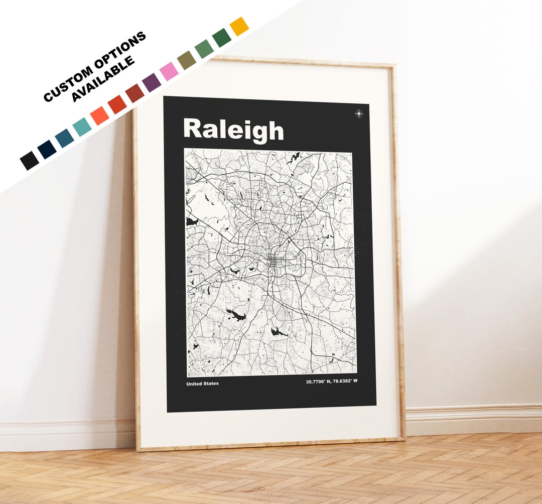 Raleigh Map Print - Custom Options/colours Available - Prints or Framed ...