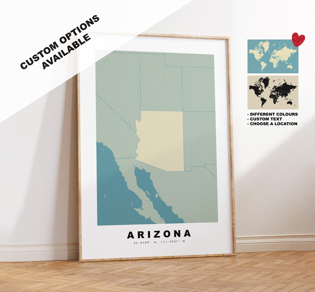 Arizona Map Print - Personalised Map Gift - Framed or Canvas Options ...