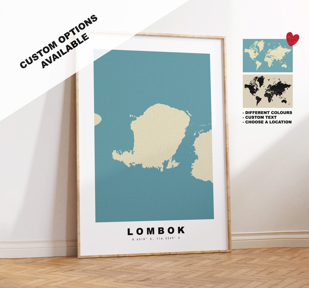 Lombok Map Print - Personalised Map Gift - Framed or Canvas Options ...